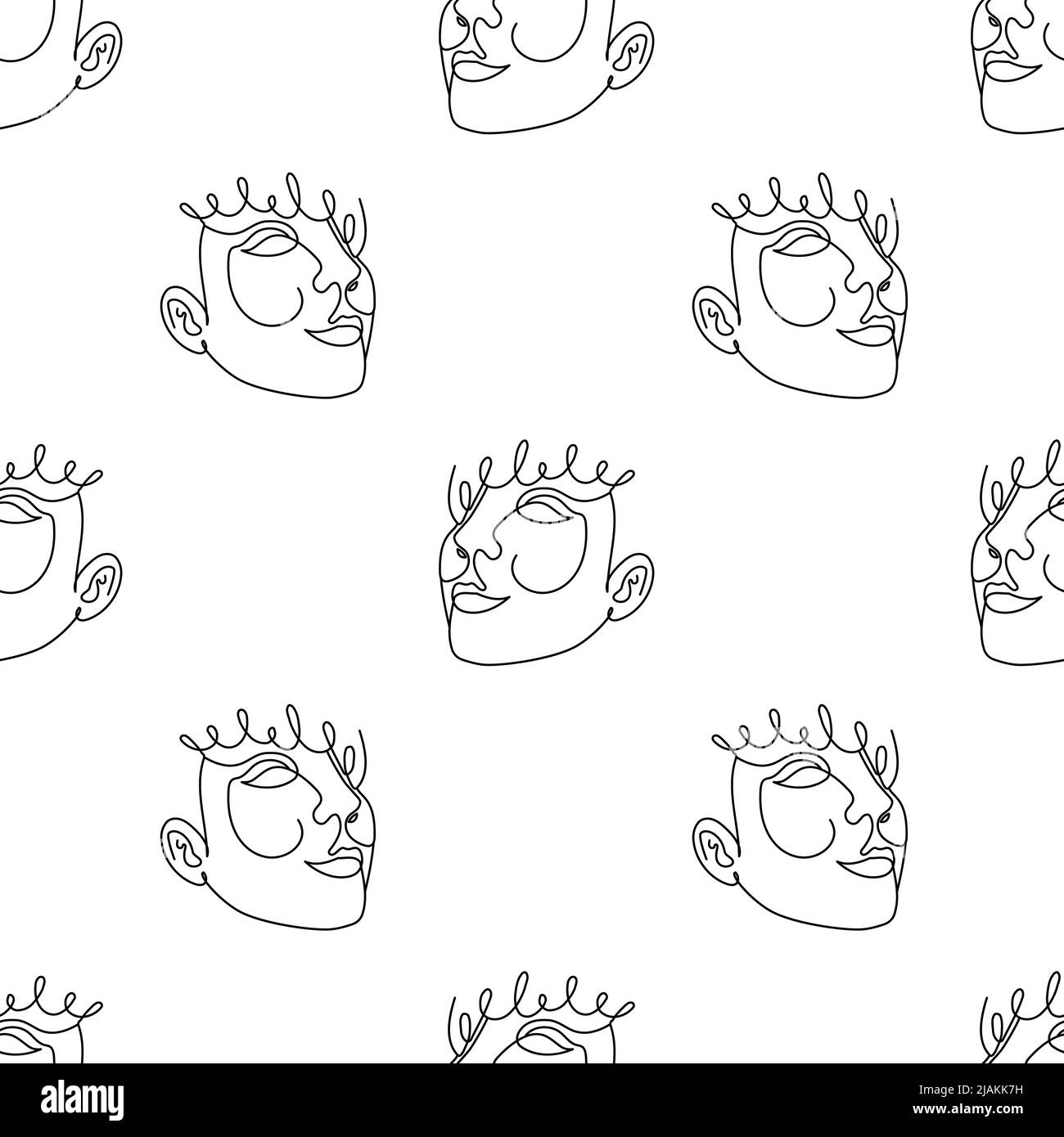 Seamless pattern with black one single line drawings of female faces ...