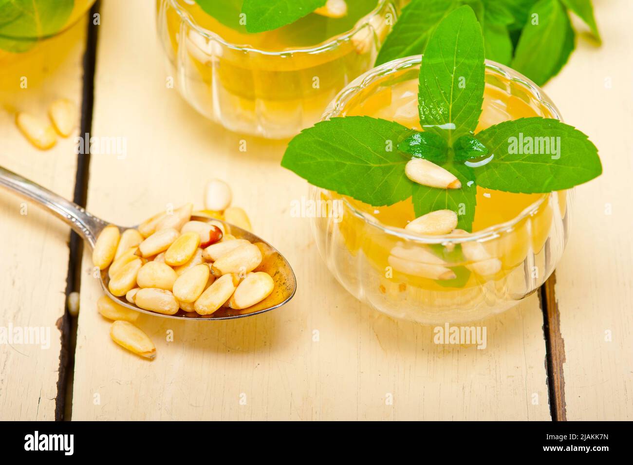Arab traditional style mint and pine nuts tea called at tay Stock Photo ...