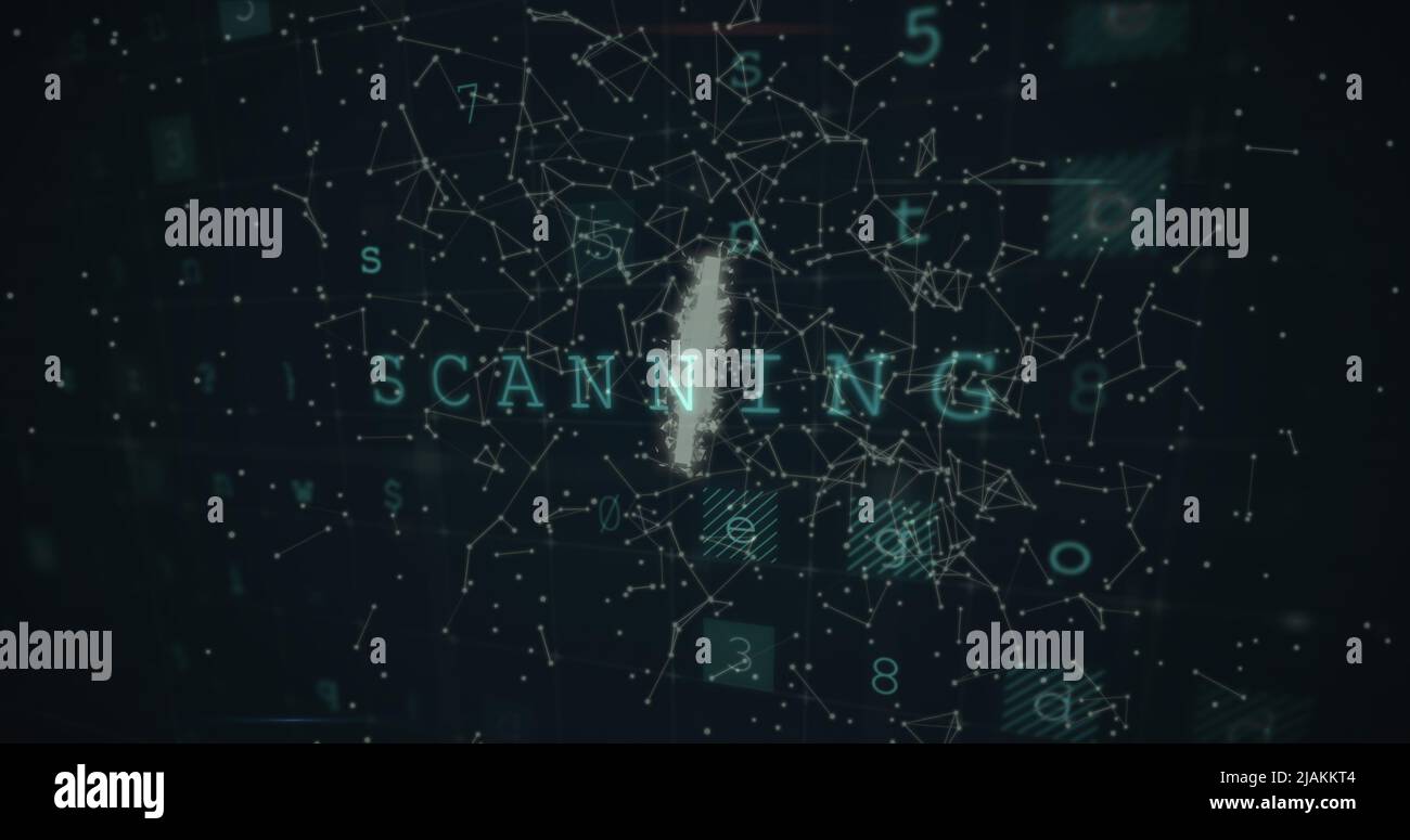 Image of scanning, malware and cloud with cogs over black background ...