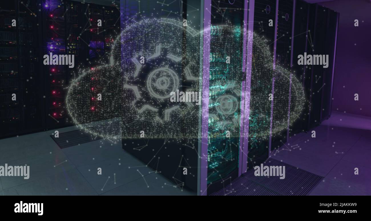Image of cloud with cogs icon over server room Stock Photo - Alamy