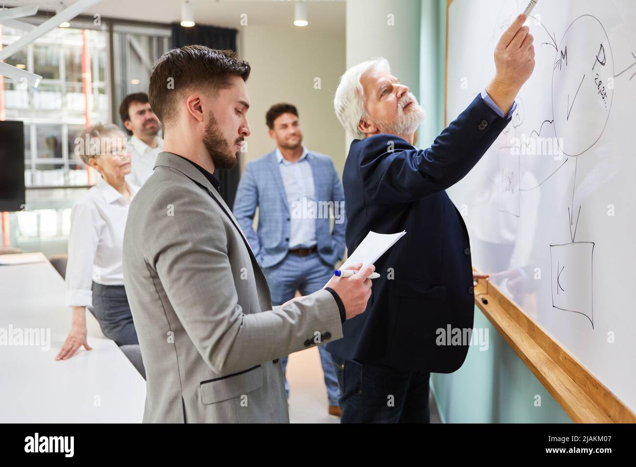 Elderly business man as a consultant at the whiteboard in an ideas ...
