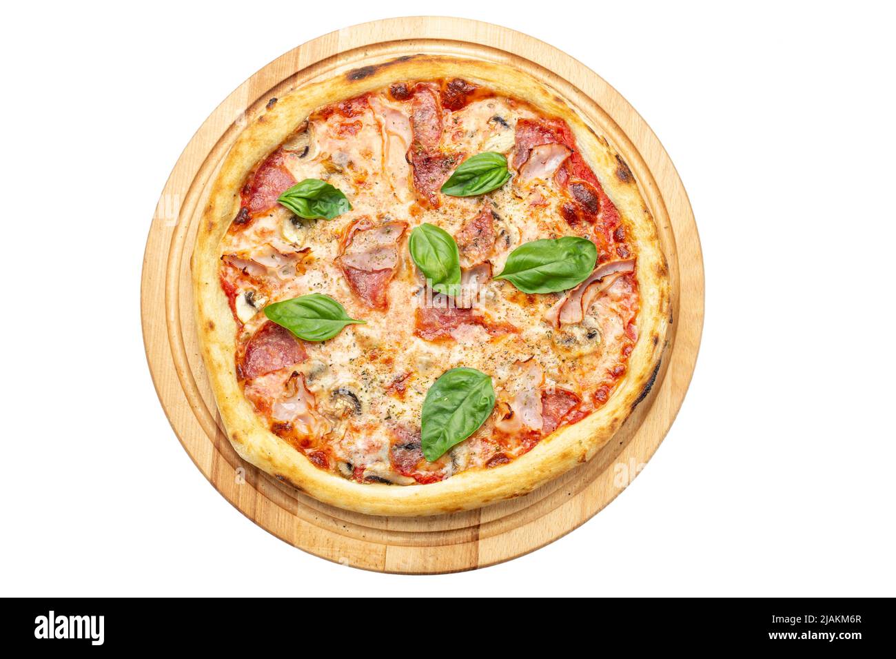 Delicious pizza served on wooden plate isolated on white background ...