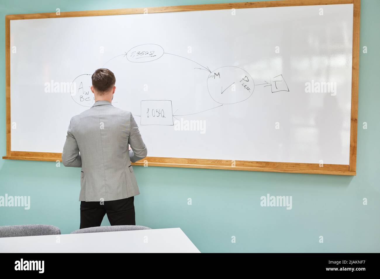 Young scientist as a lecturer on the whiteboard giving a presentation ...