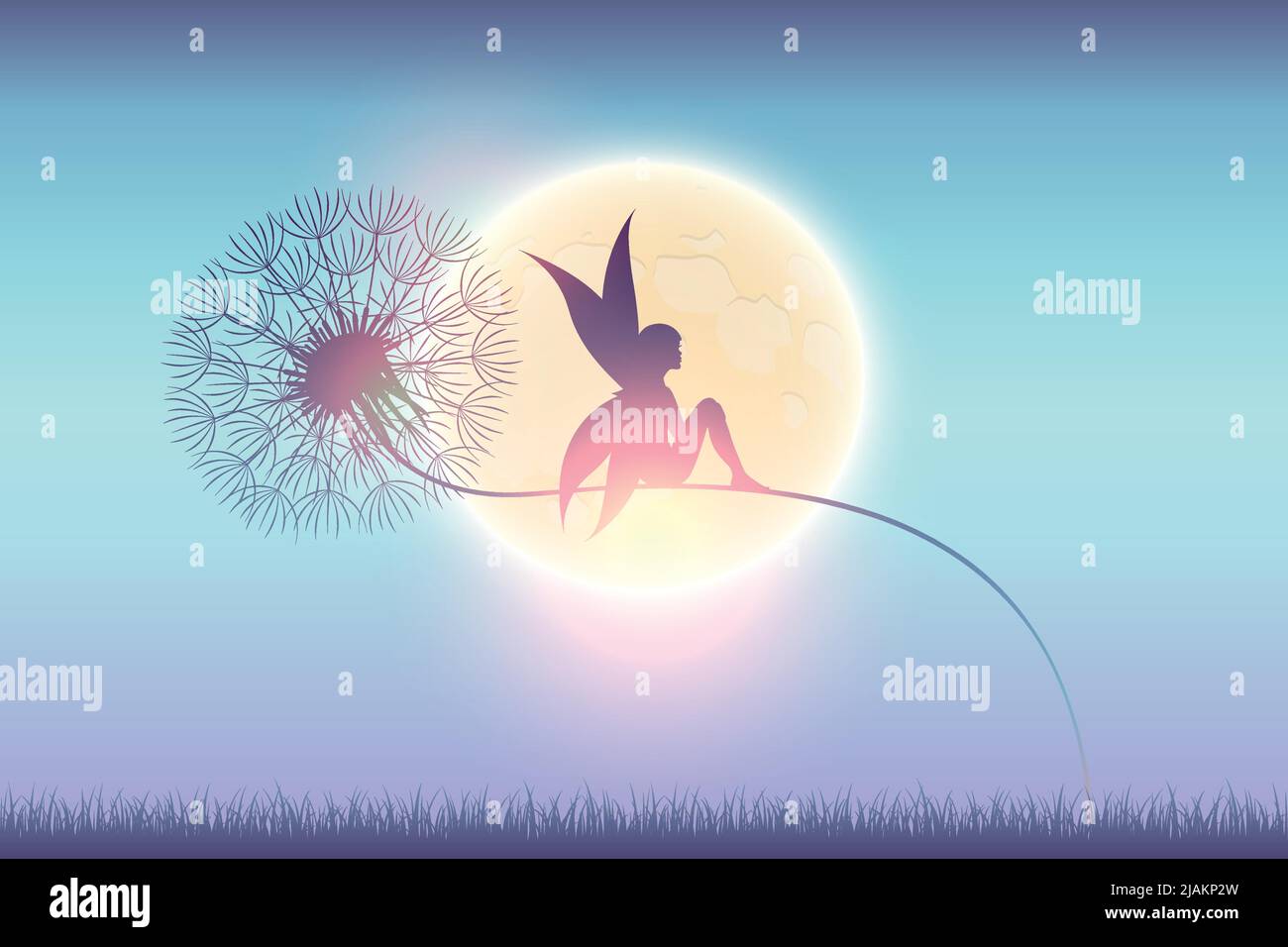 fairy sits on a dandelion silhouette on full moon night background ...