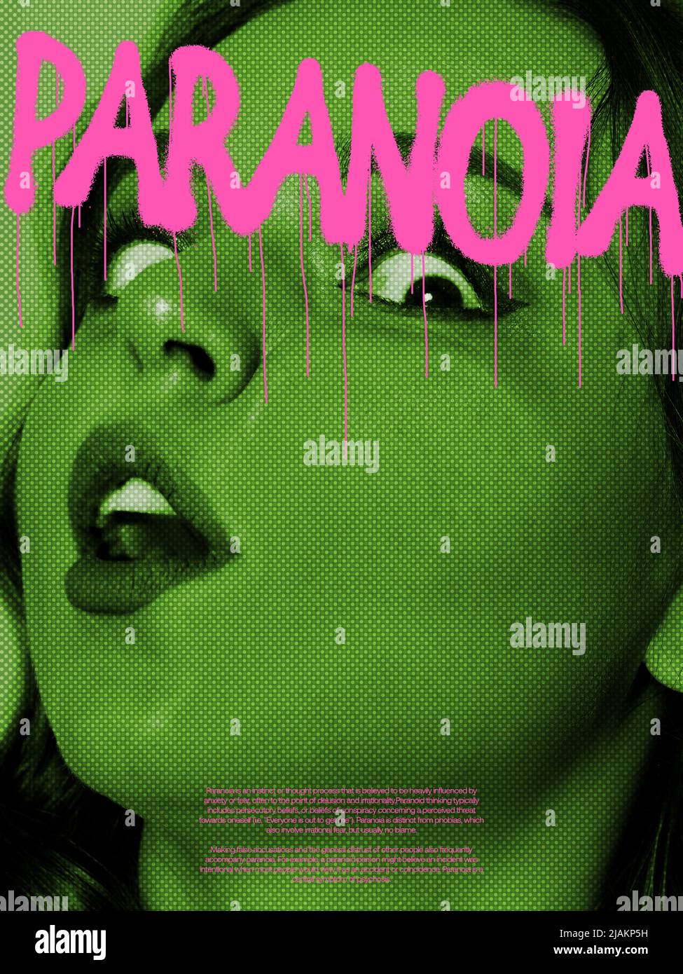 Conceptual poster with scared woman's face made with monochrome ...