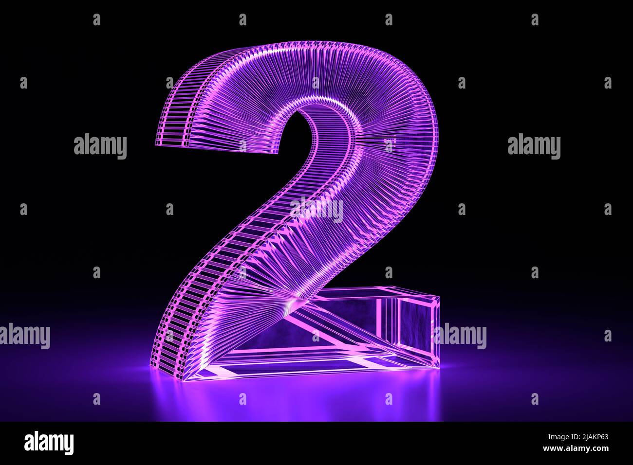 Neon glowing volumetric 3D number two. Purple. Digital design. 3D ...