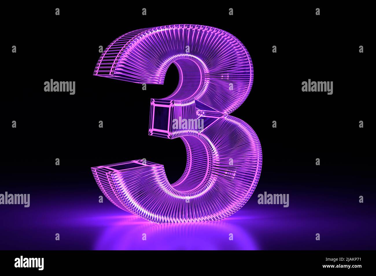 Neon glowing volumetric 3D number three. Purple. Digital design. 3D ...