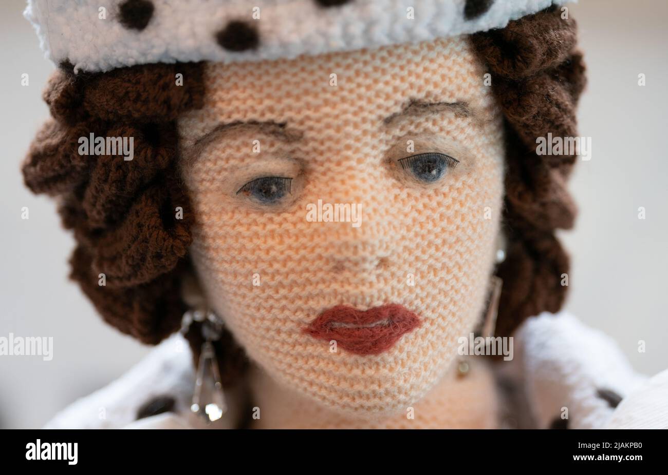 Detail of a life-size knitted model of Queen Elizabeth II at the Church ...