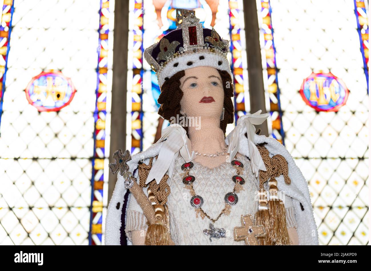 A life-size knitted model of Queen Elizabeth II at the Church of the ...