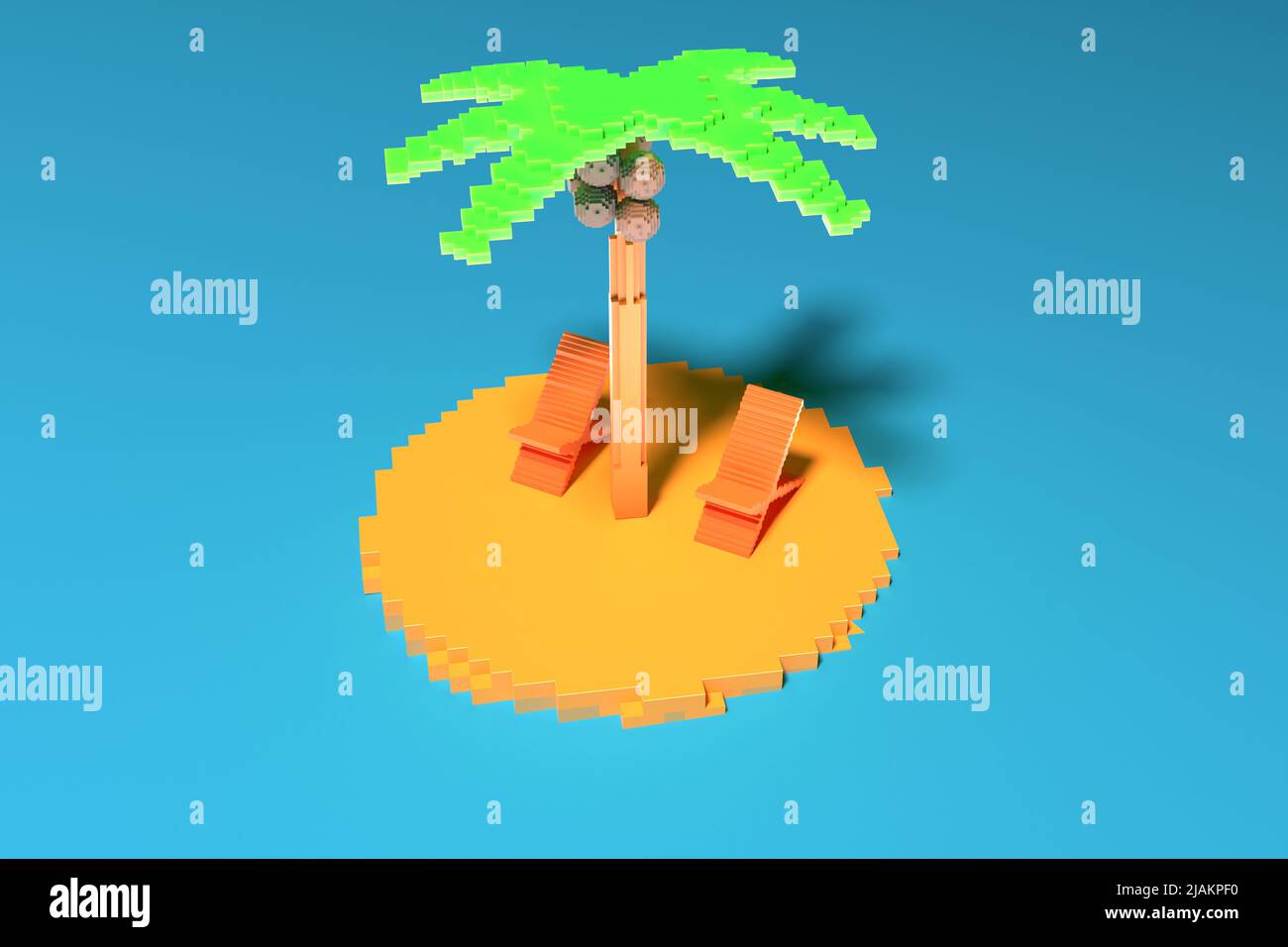 Low poly island with palm tree and sun lounger on blue background. The ...