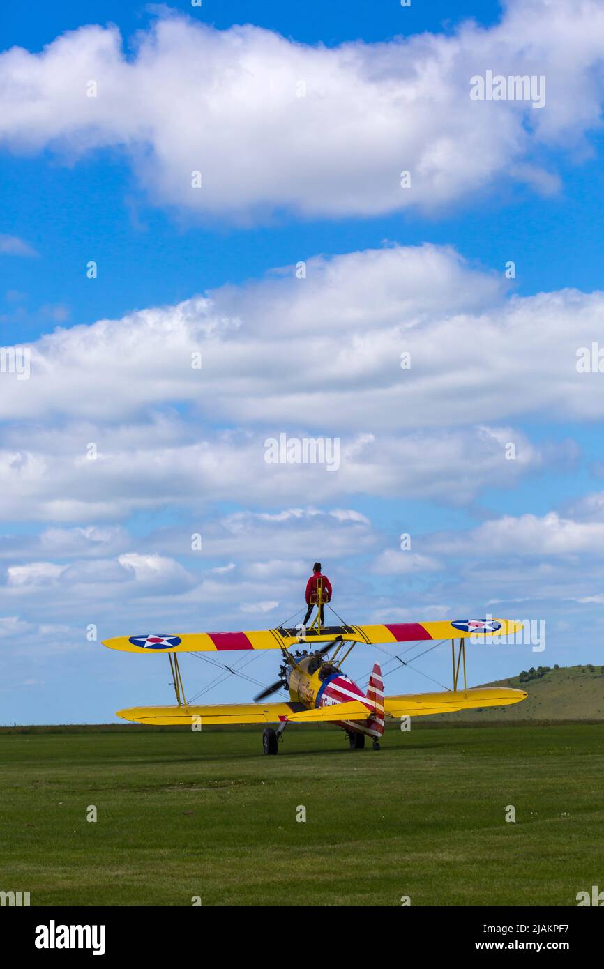 Wingwalker wing walker at Compton Abbas airfield, Dorset, UK in May ...