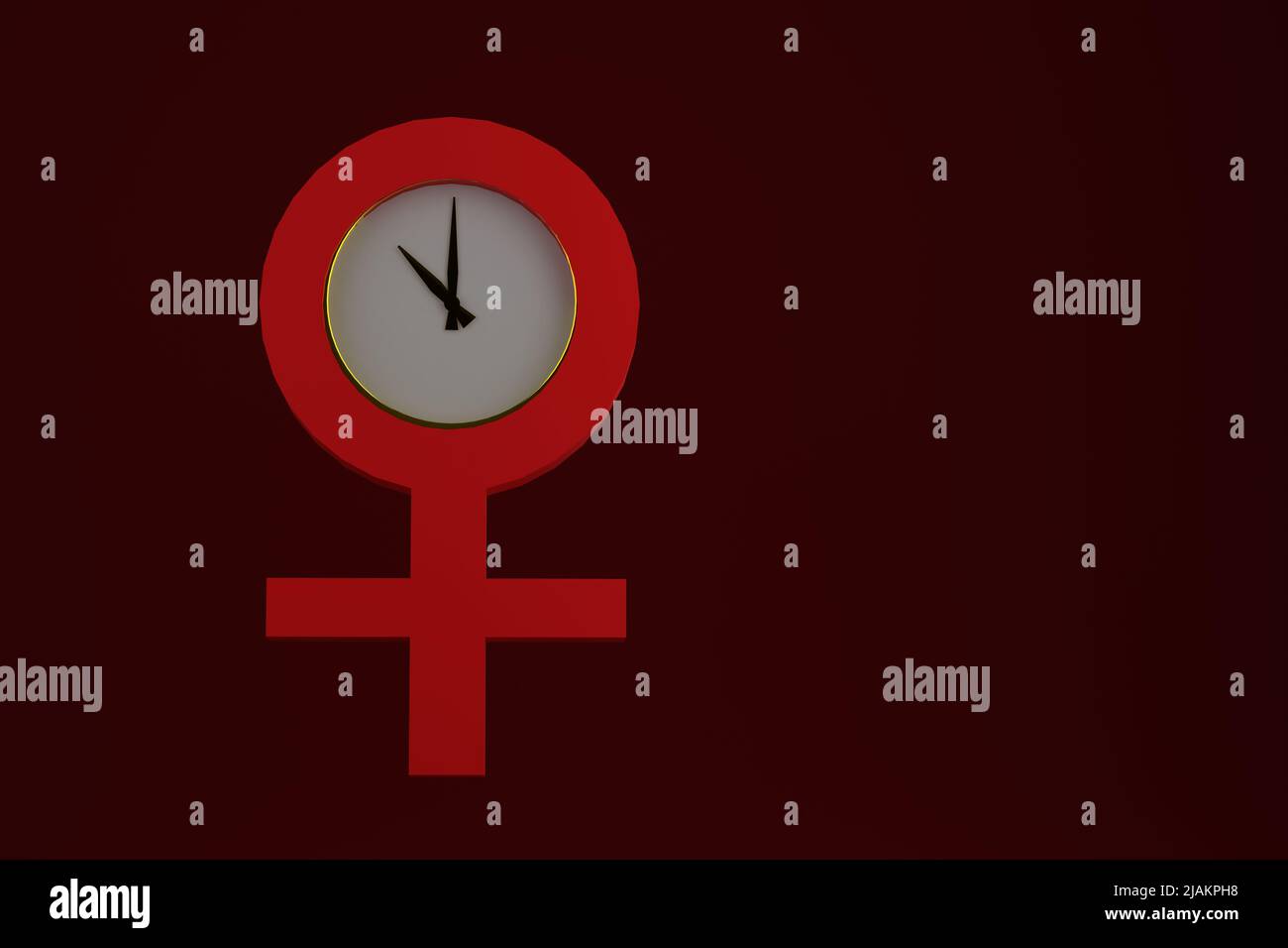 Female gender symbol with a clock. Menopause concept. Red background ...