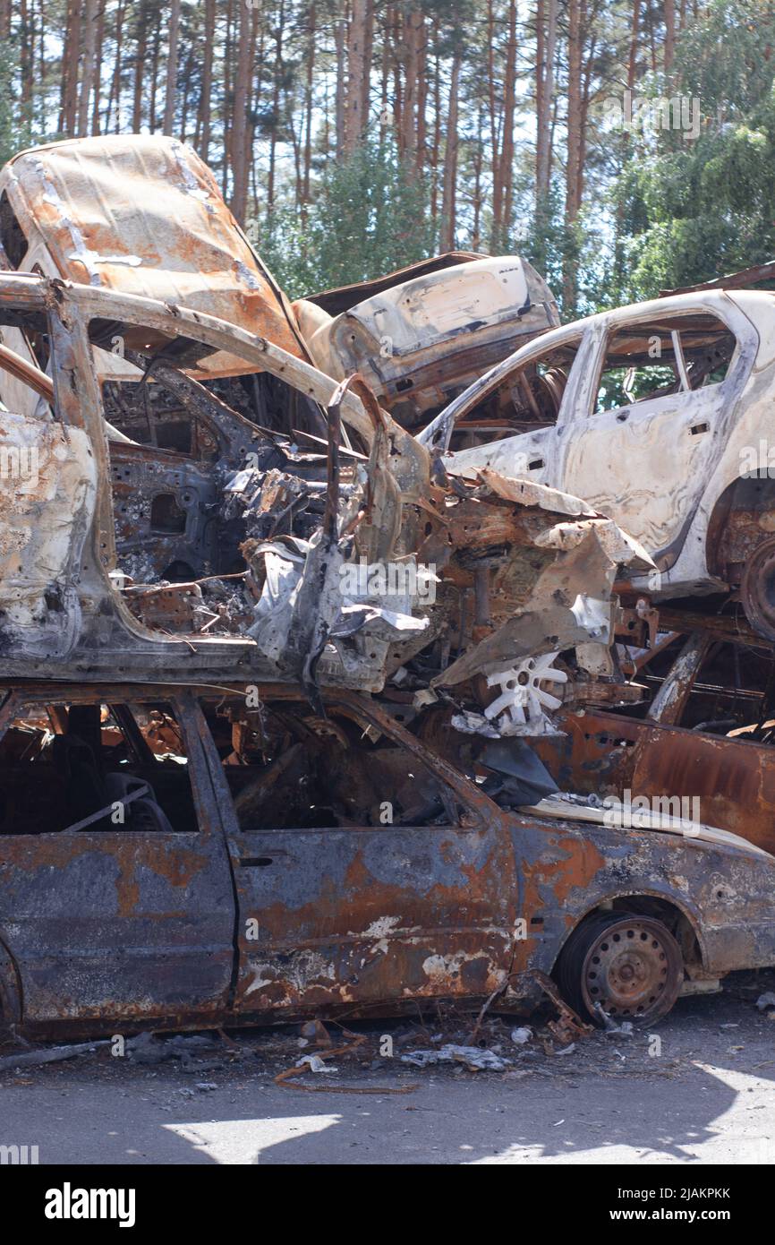 car graveyard. Burnt and blown up car. Cars damaged after shelling from ...