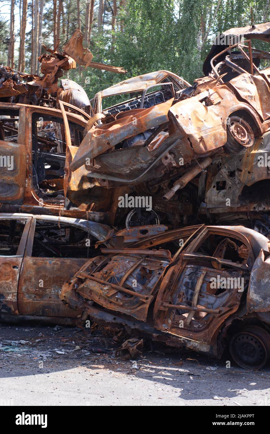 rusty burnt cars in Irpen, after being shot by Russian military and ...