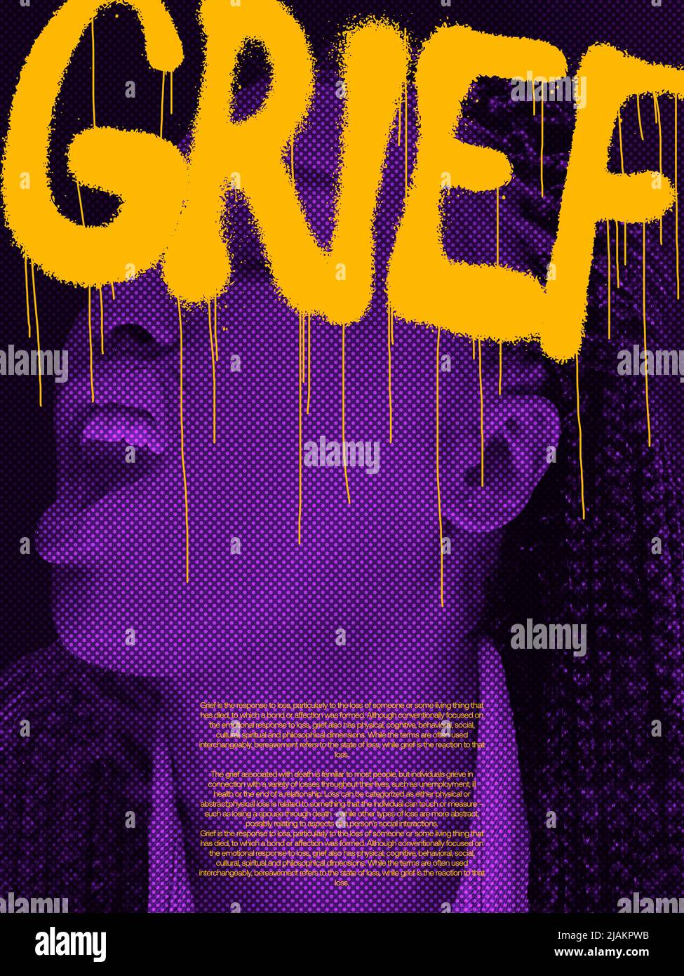 Bright poster with young shouting woman's portrait made with monochrome ...