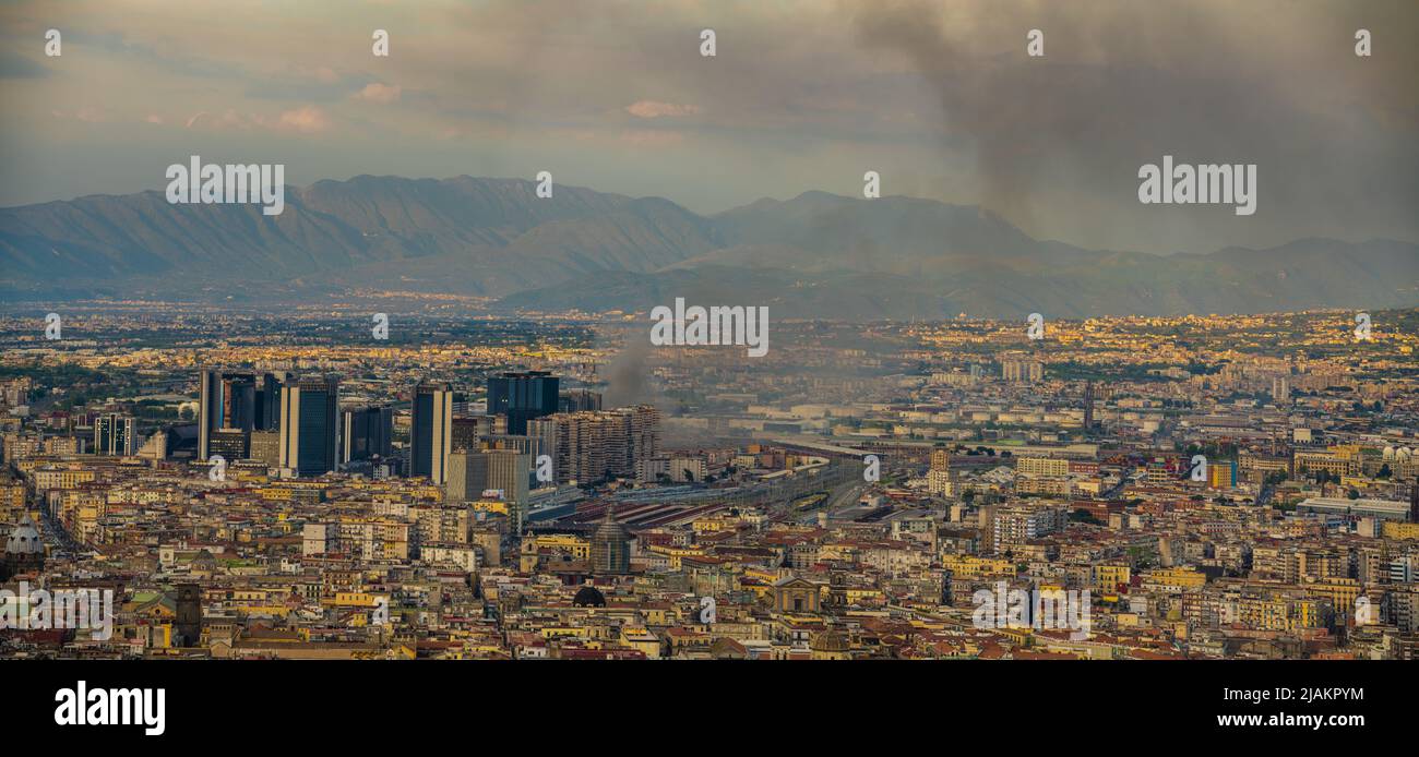 Panorama of Naples.Visible fire in the city center Stock Photo - Alamy