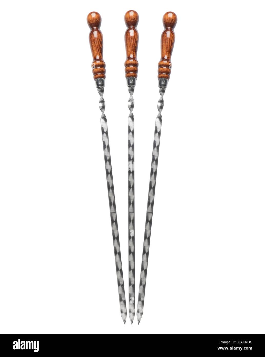 Three metal skewer with wooden handle isolated on white background ...