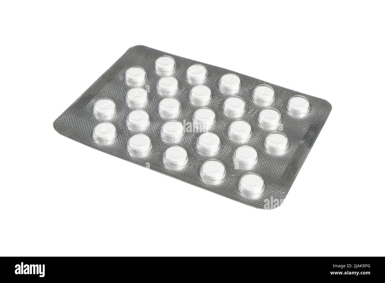 Pile of tablets pill in silver blister packaging isolated on white ...