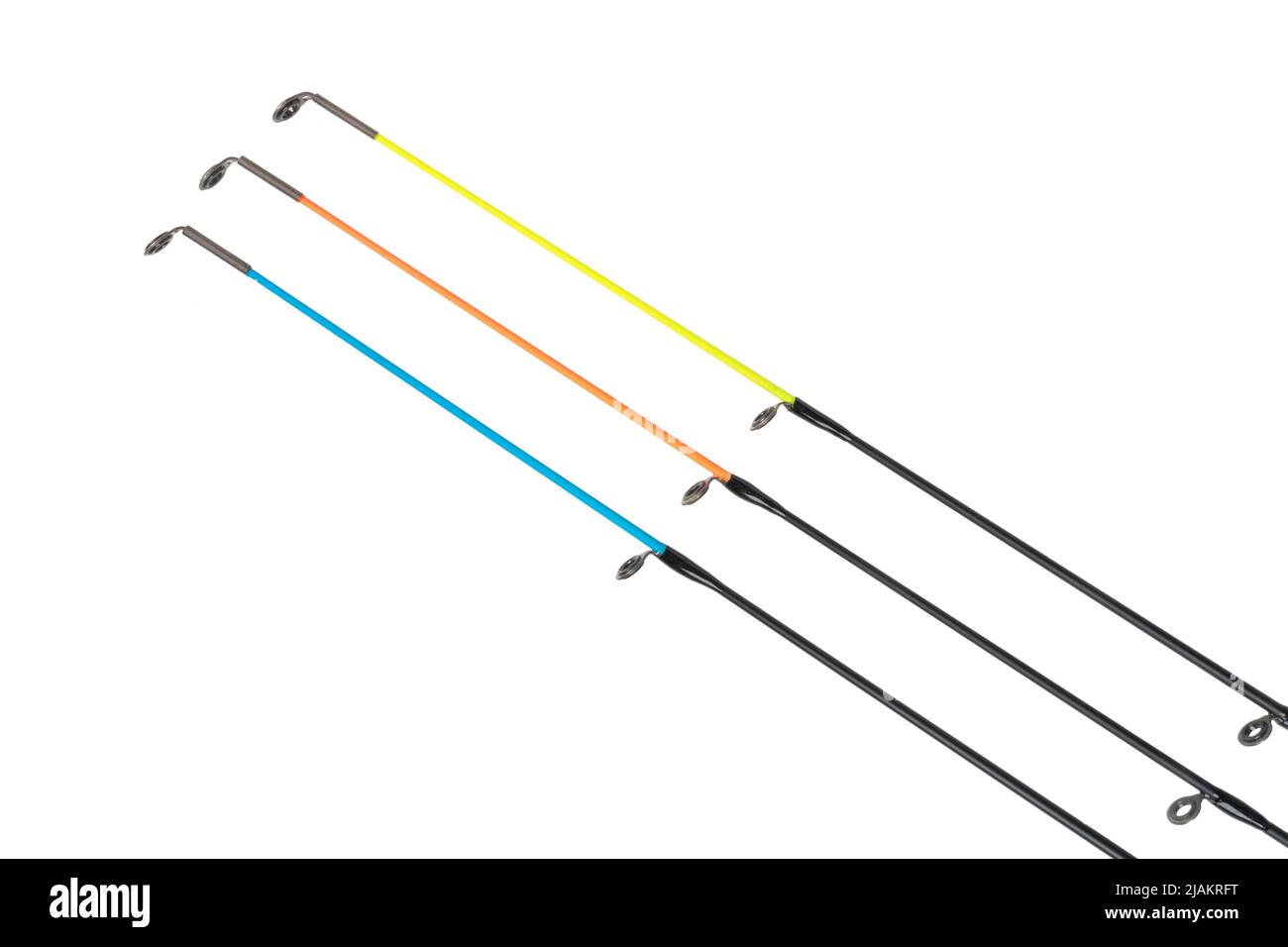 Three fishing rod spinning close-up. Fishing rod. Rod rings isolated on ...