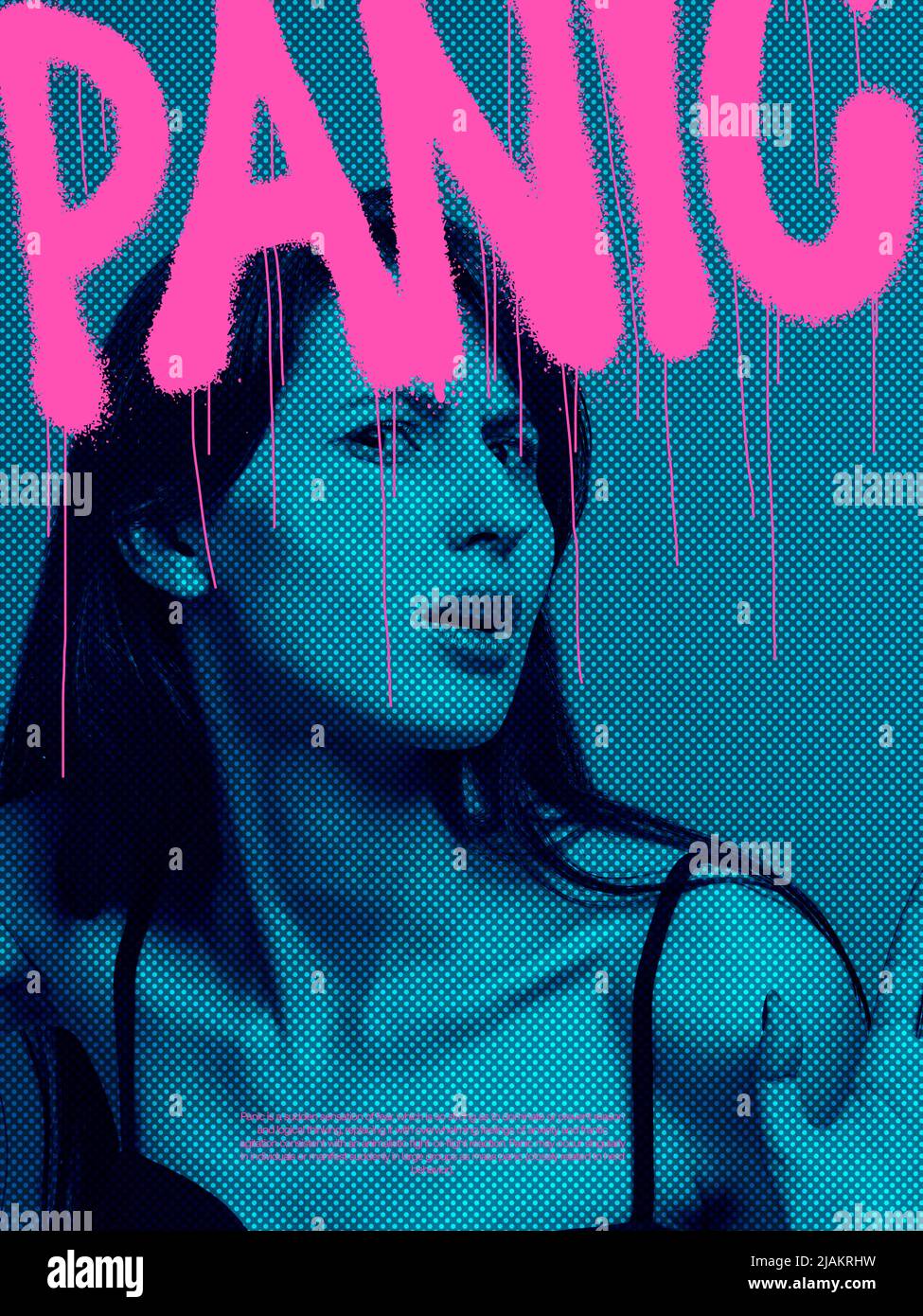 Creative poster with young scared woman's portrait made with monochrome ...