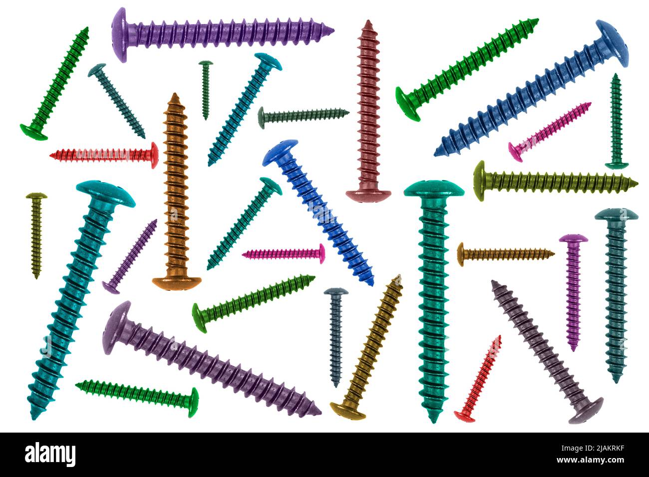 Multi colored self-tapping screw isolated on white background with ...