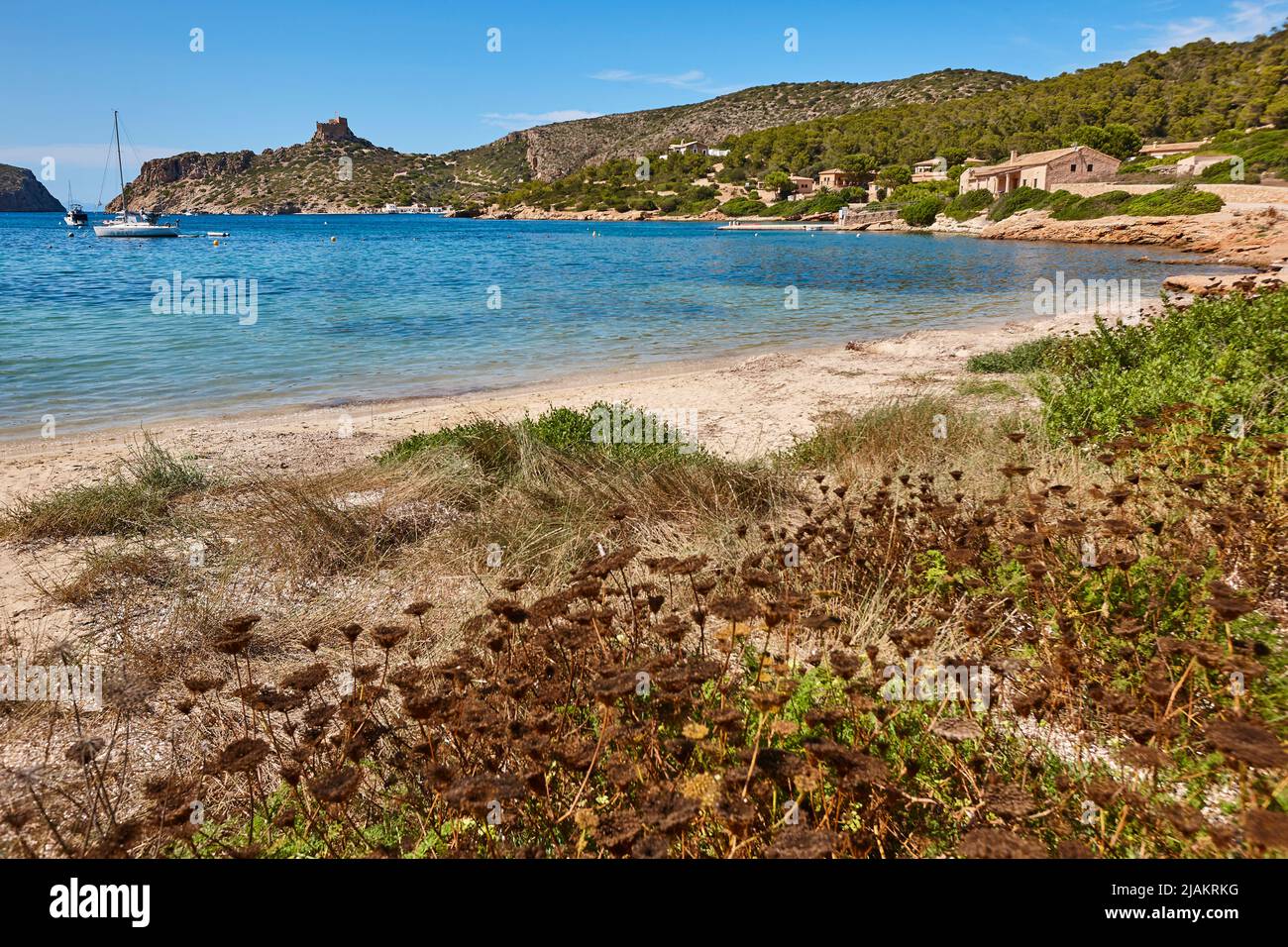 Turquoise waters in Cabrera island shoreline landscape. Balearic ...