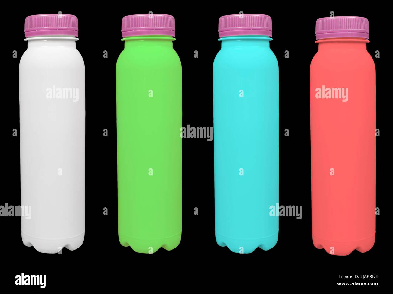 Different colour plastic bottle isolated on black background. Packaging ...