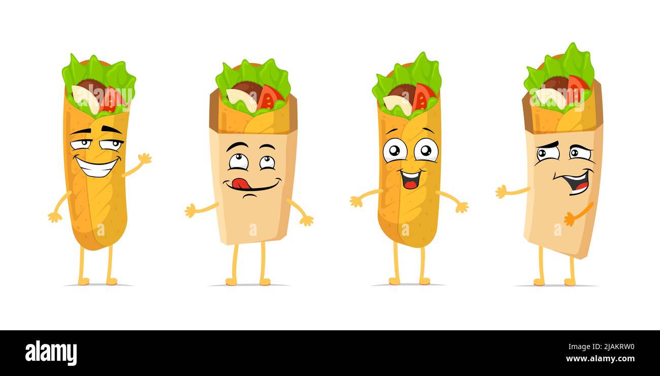 Shawarma funny smiling cartoon character set. Doner kebab cute happy ...