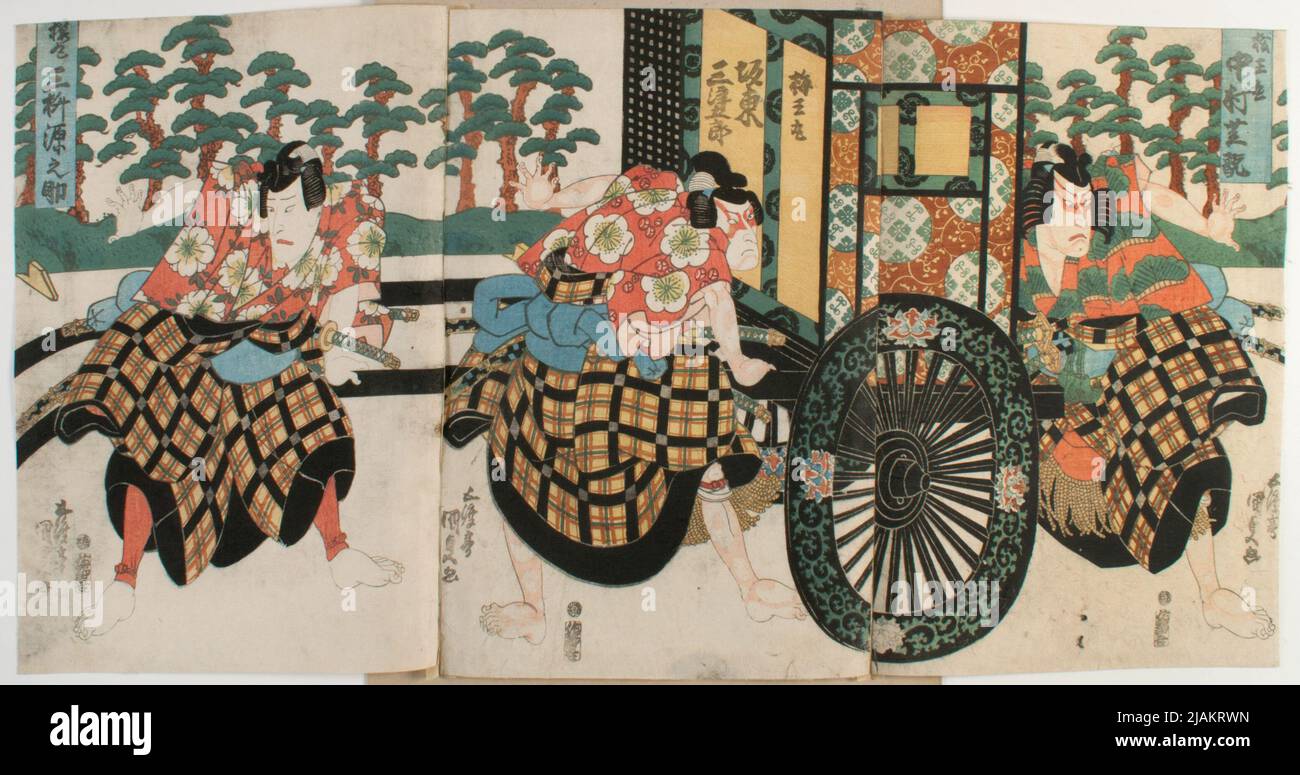Three actors in a scene from kabuki theatre: Nakamura Shikan, Bando ...