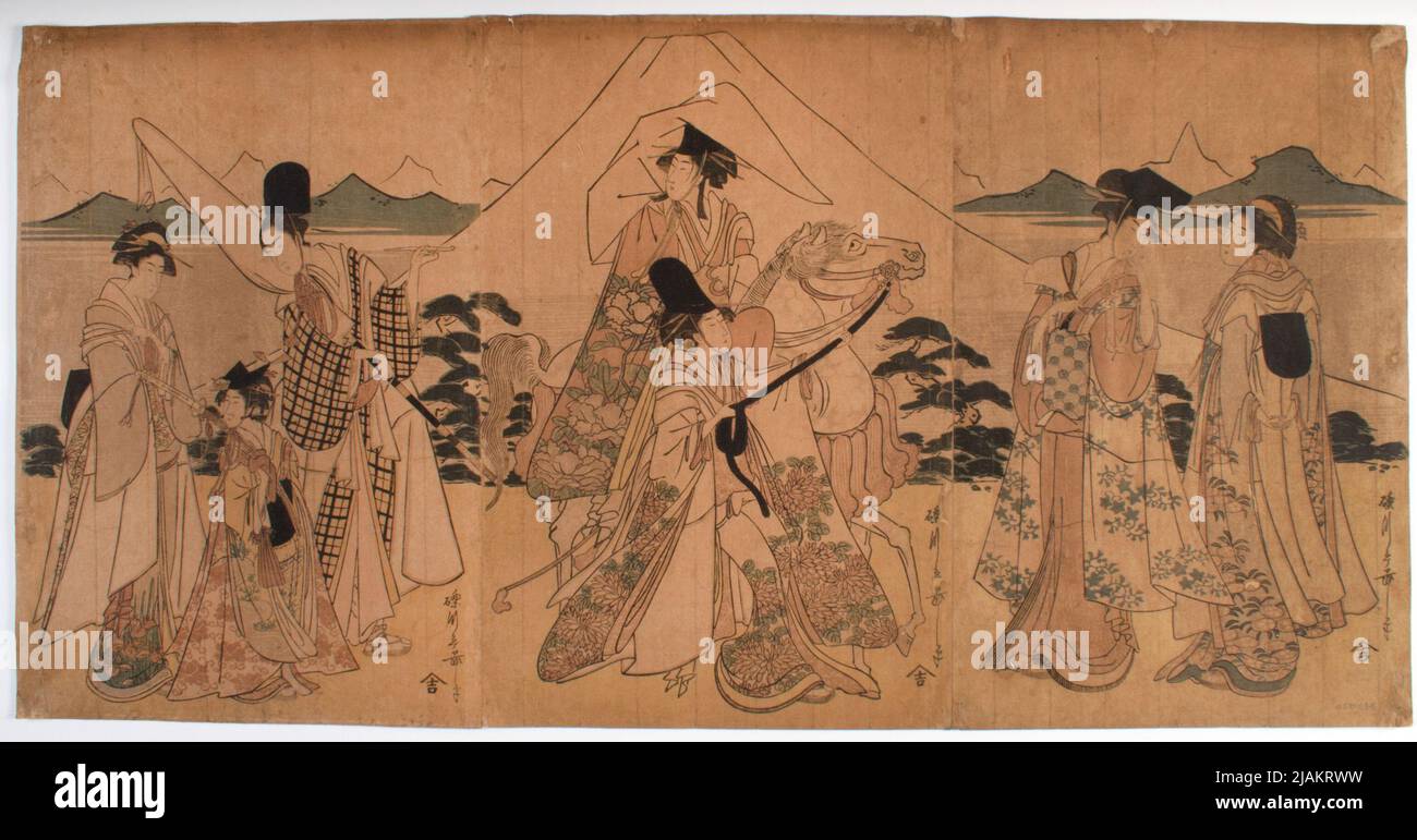 Lady on horseback with her entourage, on the background of Mount Fuji ...