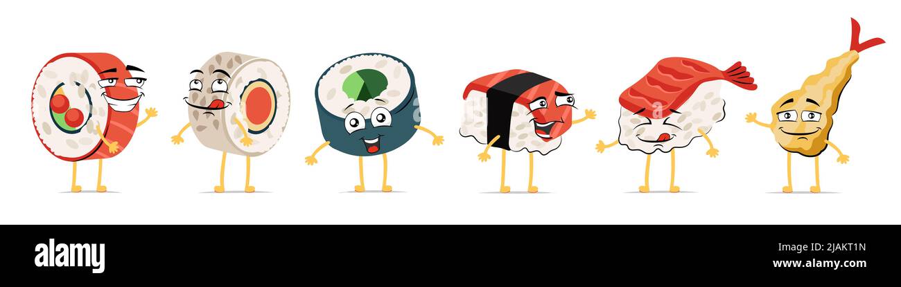 Japanese food funny cartoon smiling character set. Japan cuisine sushi ...