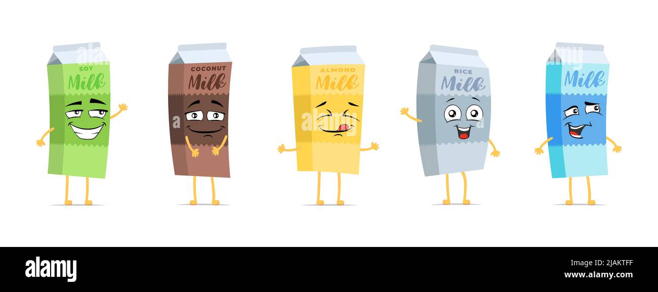 Milk cardboard box funny smiling cartoon character set. Dairy drink ...