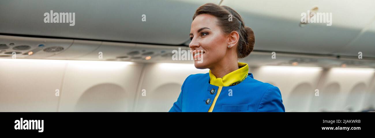 Smiling flight attendant standing in aircraft passenger cabin Stock ...