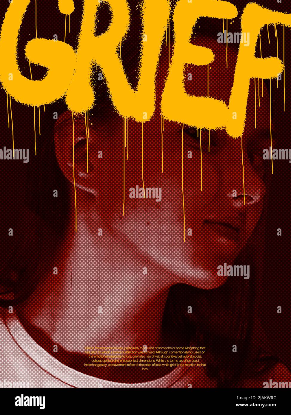 Bright poster with young sad woman's portrait made with monochrome ...