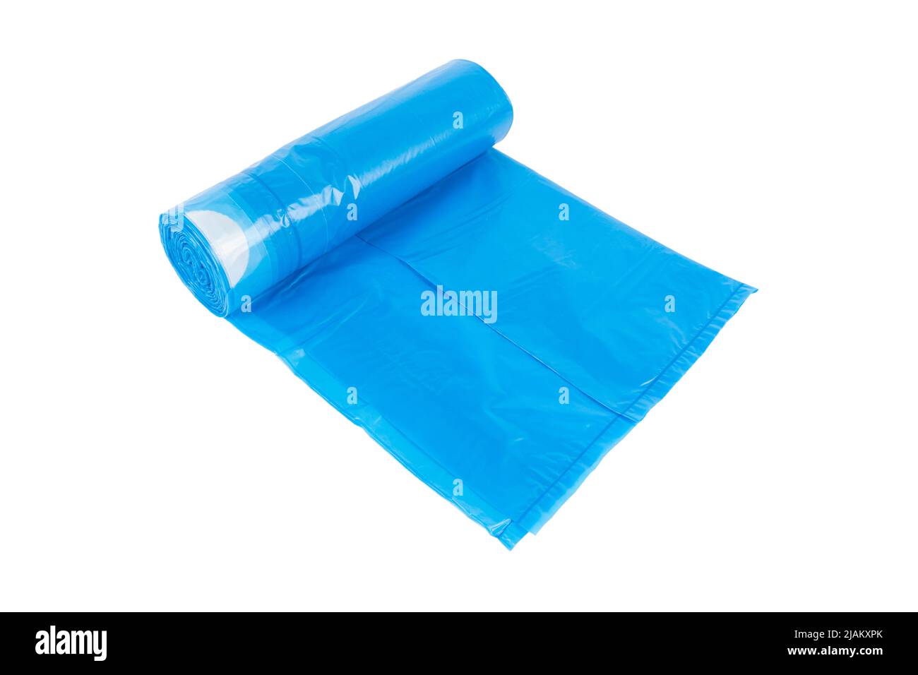 Blue rolls of garbage bin bags isolated on white background with copy ...