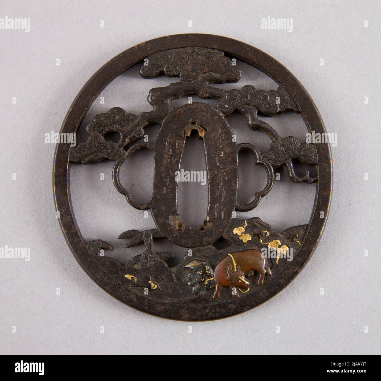 Tsuba a man with a buffalo under pine Muneari, school Stock Photo - Alamy