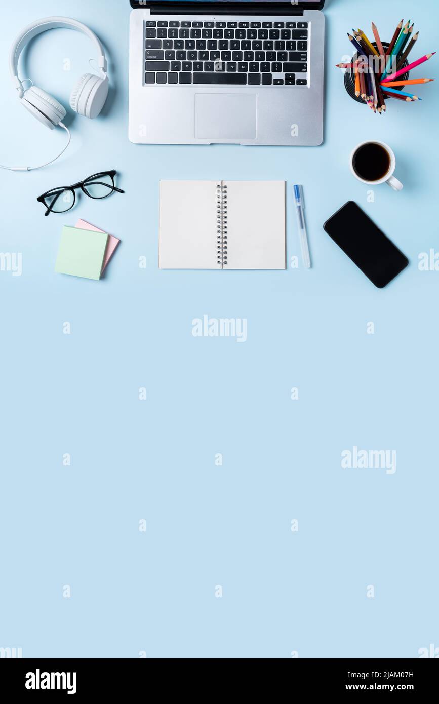 Online learning design concept. Top view of student table with tablet ...