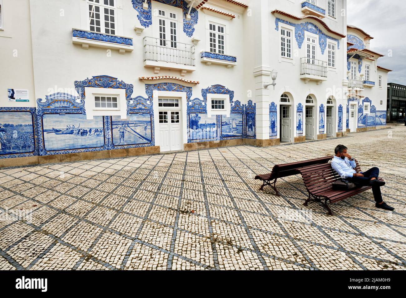 typical blue azulejos tiles on the facade of the old railways station ...