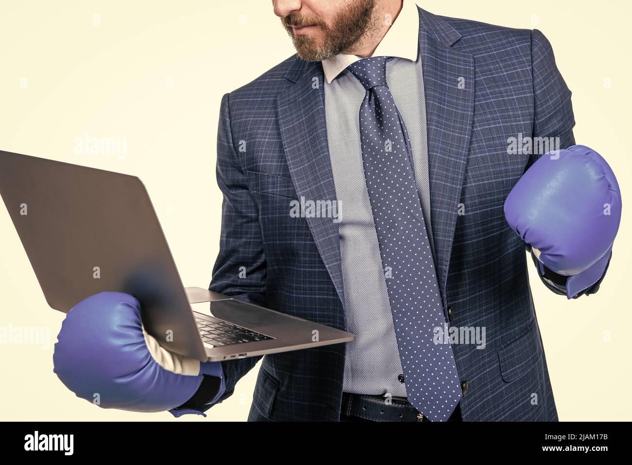 cropped man boss punch laptop in boxing gloves. anger management. cyber ...