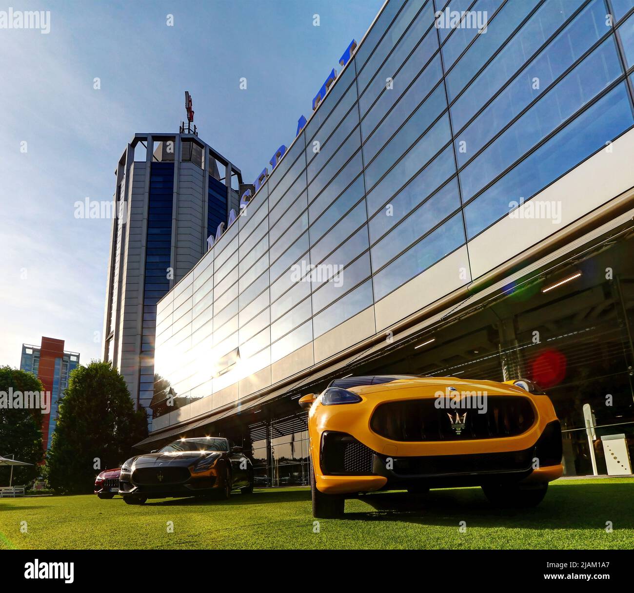 Modena, Italy, may 2022, Maserati cars in front of the factory showroom ...