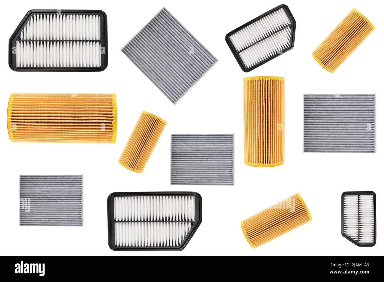 Oil filter, air filter and cabin filter isolated on white background ...