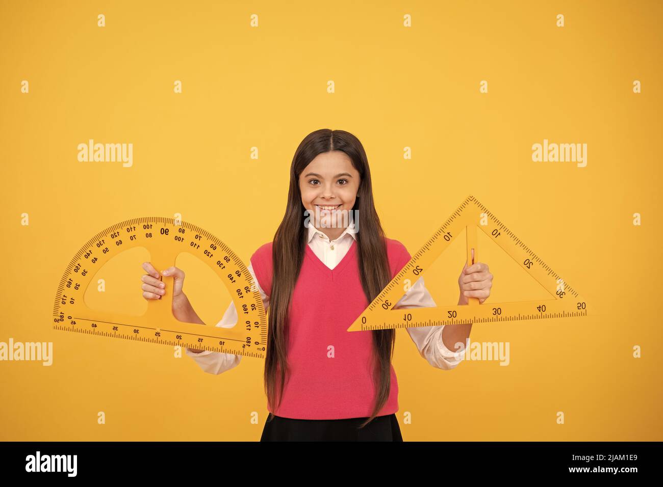 happy kid girl use protractor and triangle to learn mathematics ...