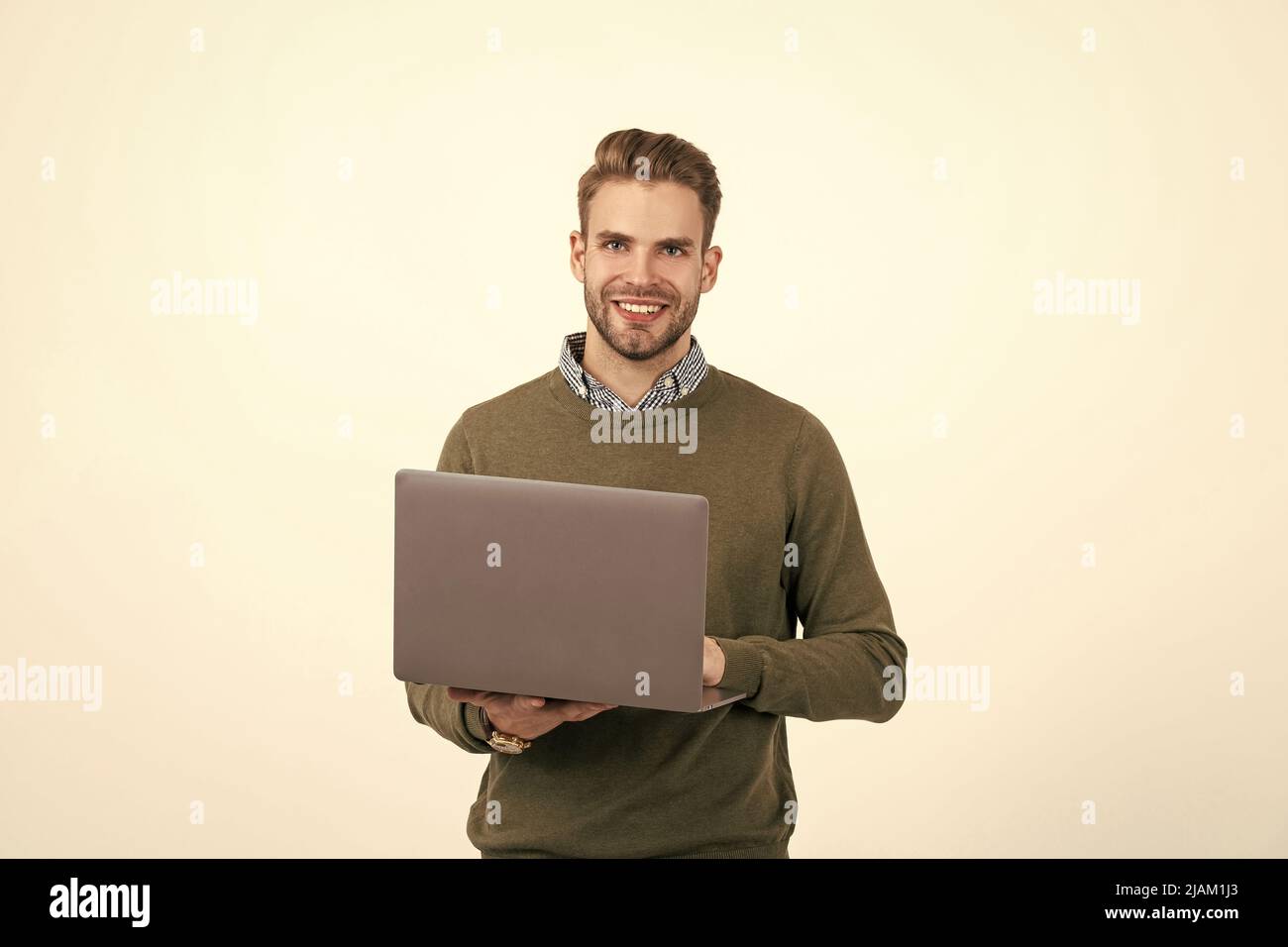 office manager isolated on white. concept of agile business. unshaven man working online Stock ...
