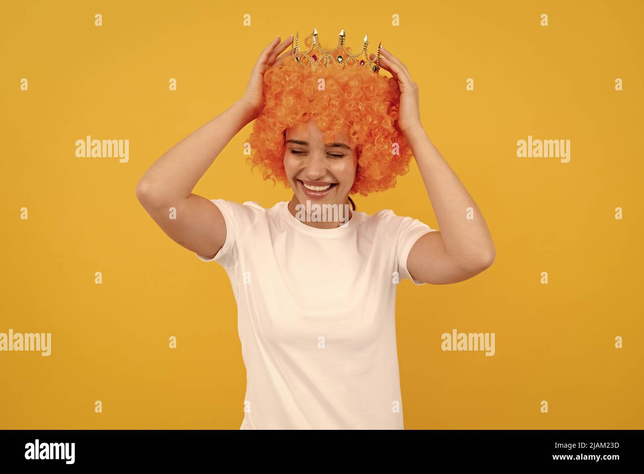 imagine herself a princess. funny girl in diadem. selfish woman in ...