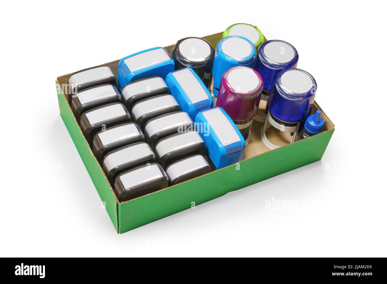 Lot of rubber stamps and seals in a cardboard box. Isolated on white ...