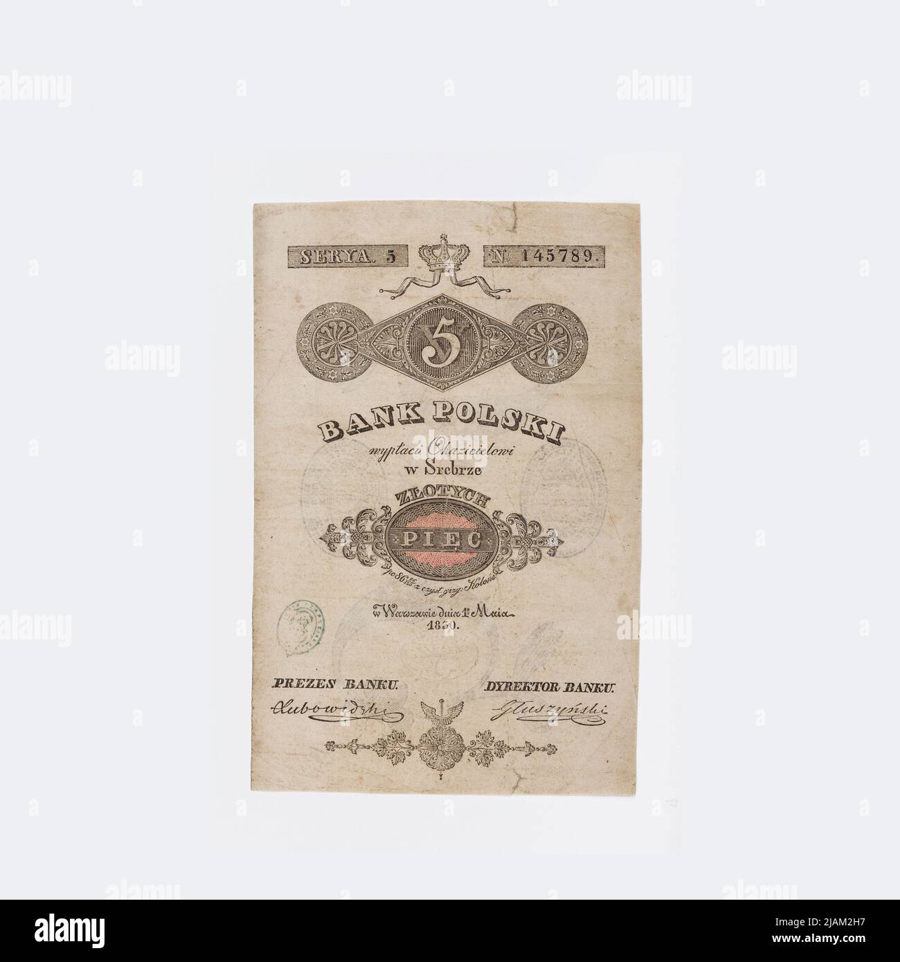 Banknote for 5 zlotys, Bank of Poland, Kingdom of Poland (1815–1830), 1 ...