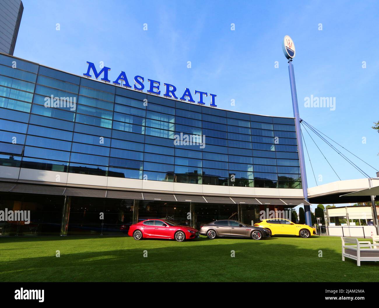 Modena, Italy, may 2022, Maserati cars in front of the factory showroom ...