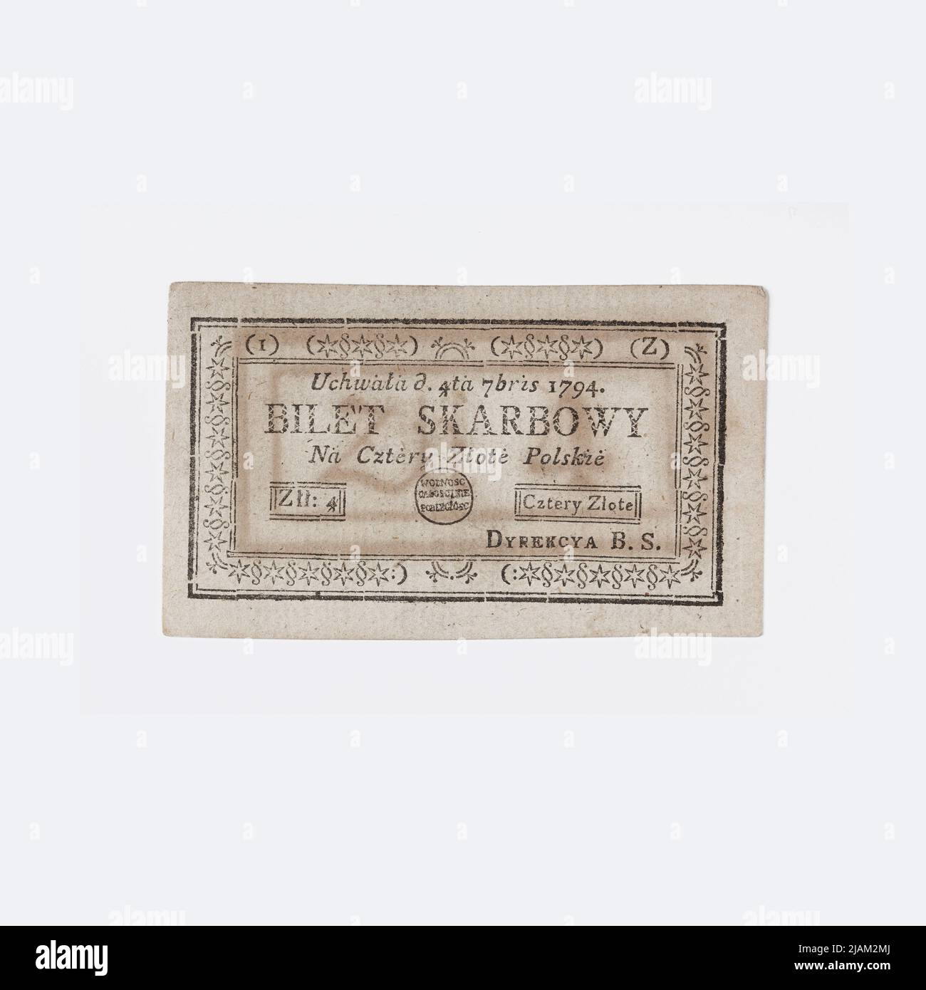Tax ticket for 4 zlotys Polish, Kościuszko Uprising (1794), 4/09/1794 ...