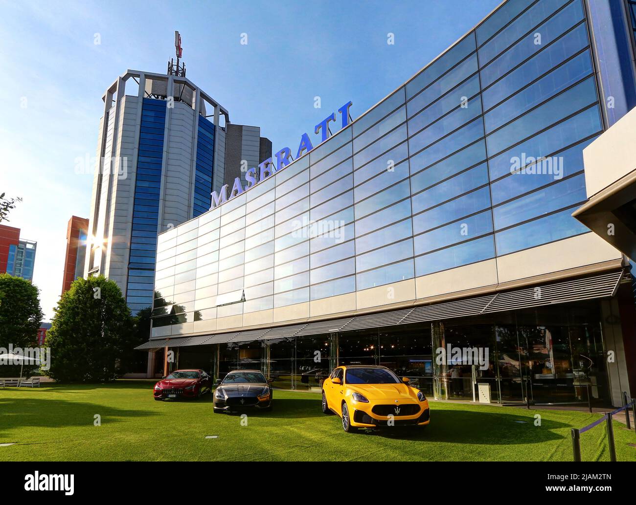 Modena, Italy, may 2022, Maserati cars in front of the factory showroom ...