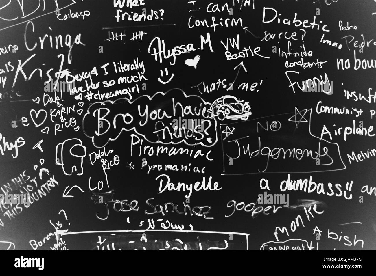 Handwritten comments and opinions on a dry erase board in a black and ...